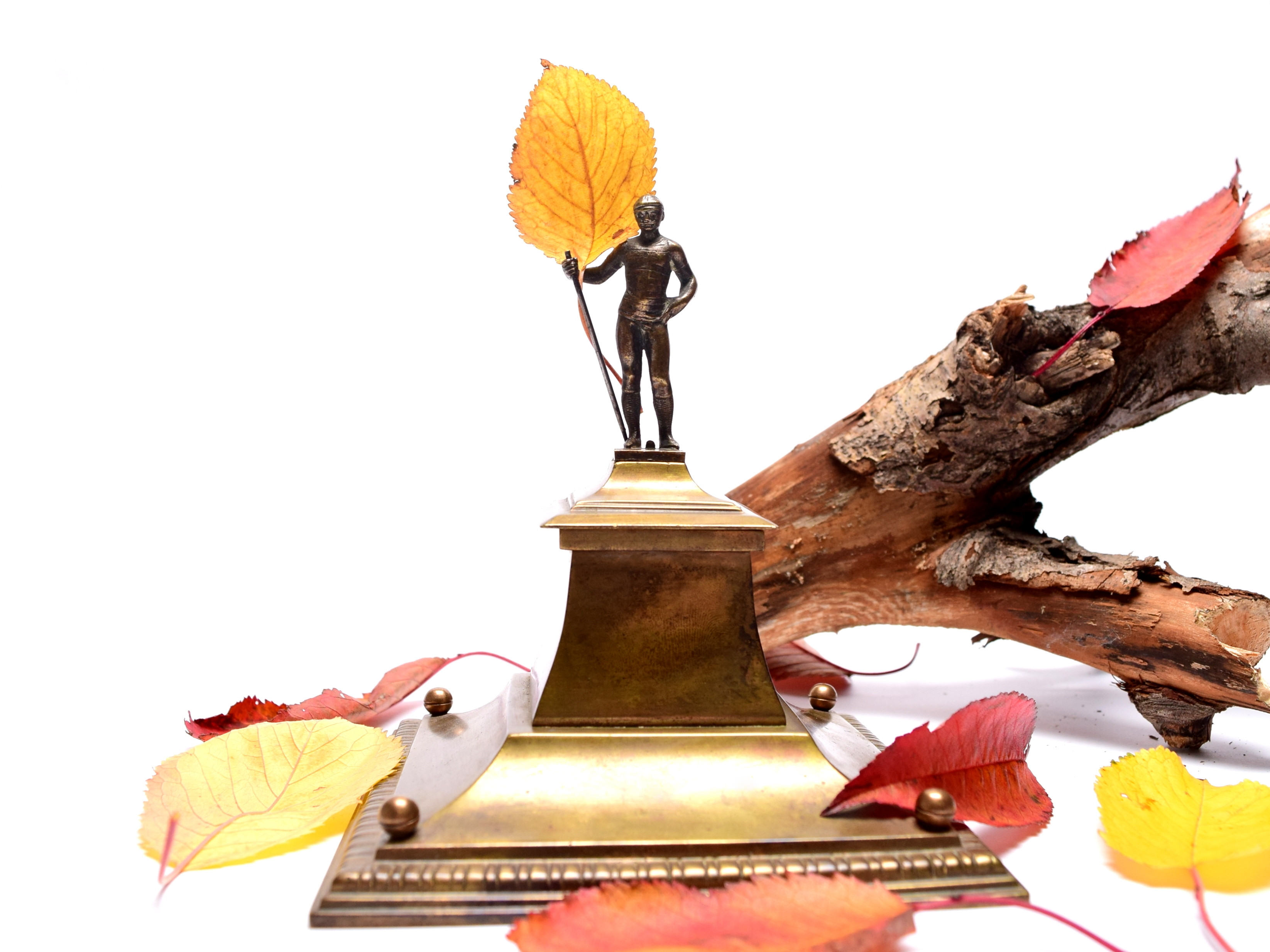 Vintage Peasant Man Solid Cast Brass/ Bronze Inkwell And Pen Base Stand